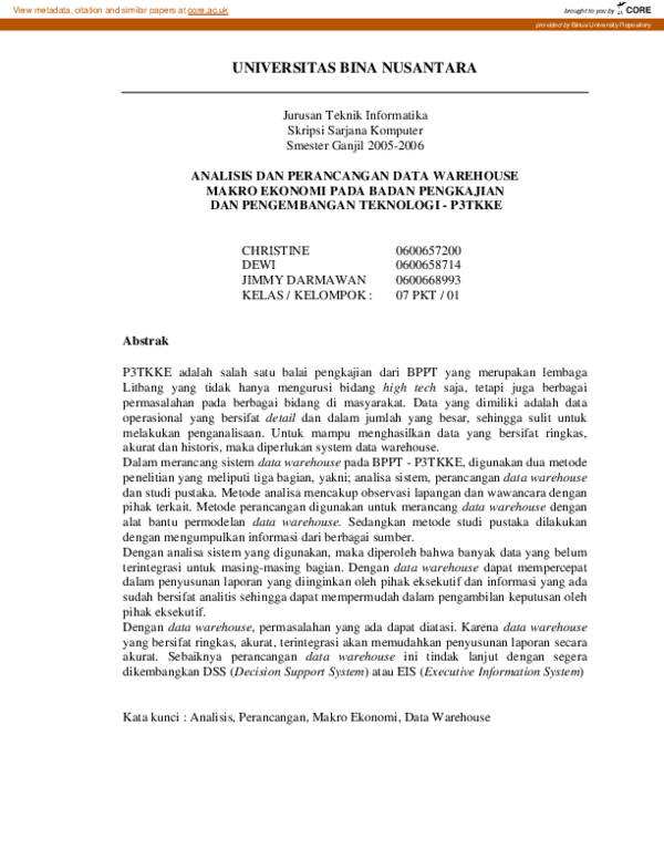 (PDF) Analisis Dan Perancangan Data Warehouse Makro Ekonomi Pada Badan Pengkajian Dan ...