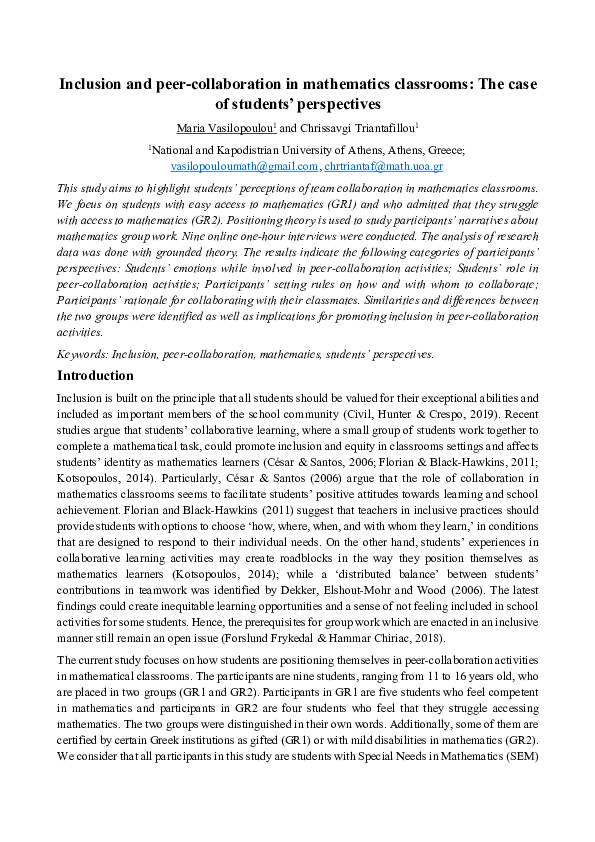 (PDF) Inclusion and peer-collaboration in mathematics classrooms: The case of students' perspectives
