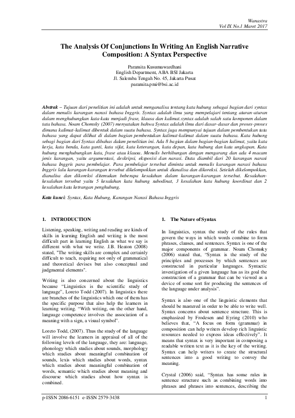 (PDF) The Analysis of Conjunctions in Writing an English Narrative Composition: A Syntax Perspective