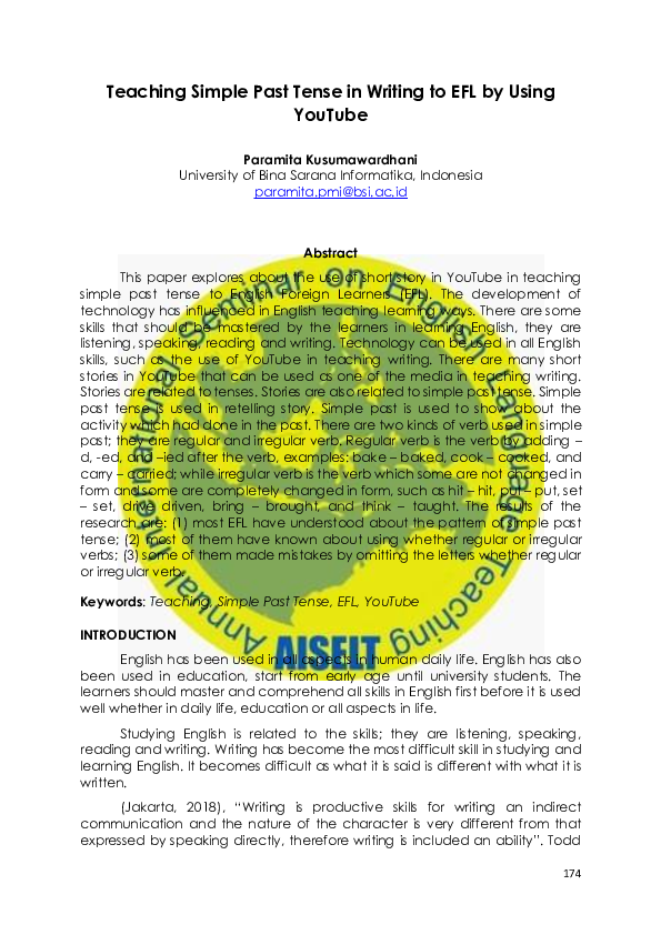 (PDF) Teaching Simple Past Tense in Writing to EFL by Using YouTube