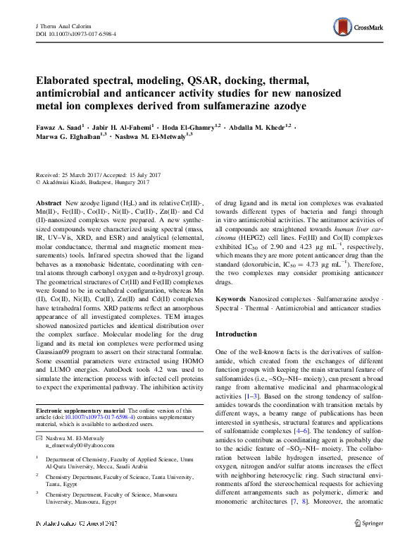 (PDF) Elaborated spectral, modeling, QSAR, docking, thermal, antimicrobial and anticancer ...