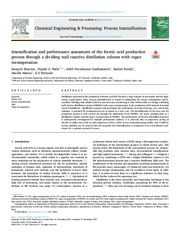 (PDF) Intensification and performance assessment of the formic acid ...