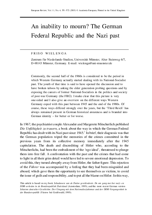 (PDF) An inability to mourn? The German Federal Republic and the Nazi past