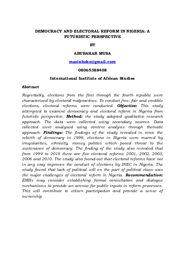 (DOC) DEMOCRACY AND ELECTORAL REFORM IN NIGERIA: A FUTURISTIC PERSPECTIVE