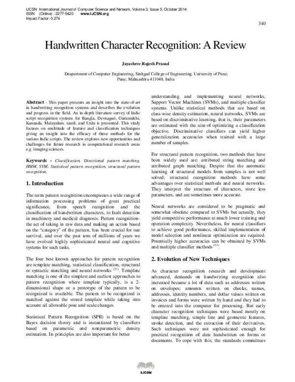 Pdf Handwritten Character Recognition A Review