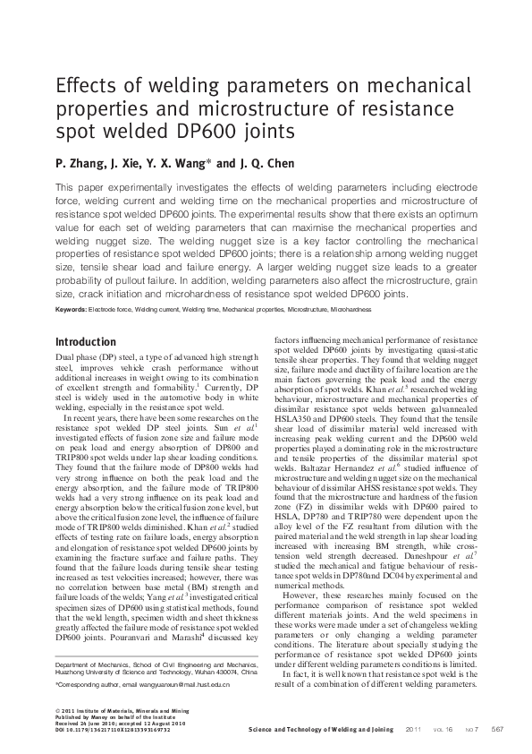 (PDF) Effects of welding parameters on mechanical properties and microstructure of resistance ...