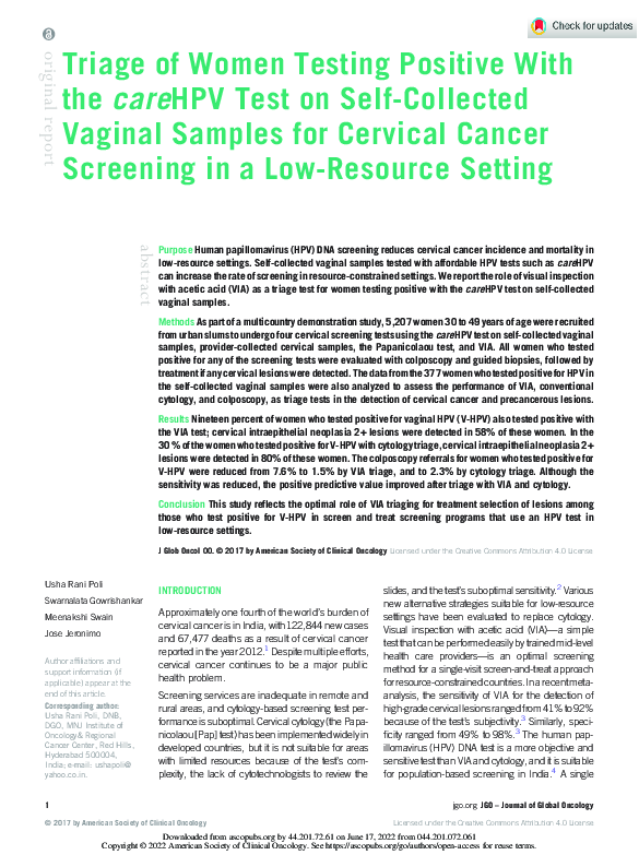 (PDF) Triage of Women Testing Positive With the careHPV Test on Self ...
