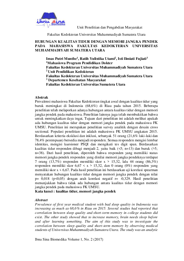 (PDF) Hubungan Kualitas Tidur Dengan Memori Jangka Pendek Pada ...