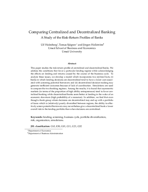 (PDF) Comparing Centralized and Decentralized Banking