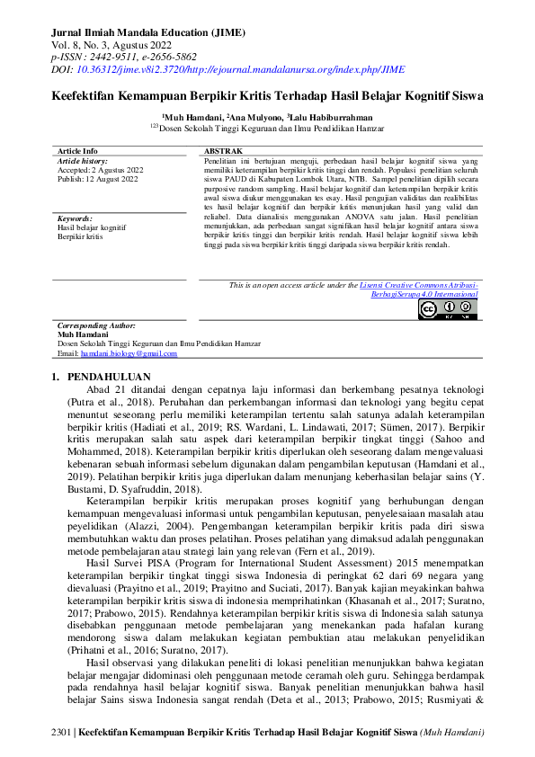 (PDF) Keefektifan Kemampuan Berpikir Kritis Terhadap Hasil Belajar ...