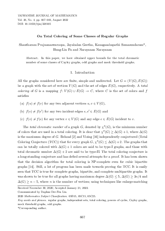 (PDF) On Total Coloring of Some Classes of Regular Graphs
