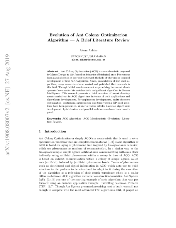 Pdf Evolution Of Ant Colony Optimization Algorithm A Brief