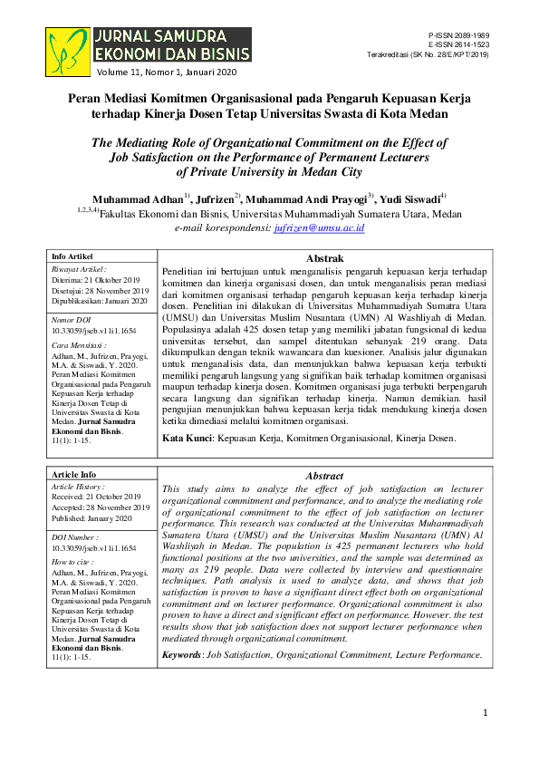 (PDF) Peran Mediasi Komitmen Organisasi pada Pengaruh Kepuasan Kerja terhadap Kinerja Dosen ...