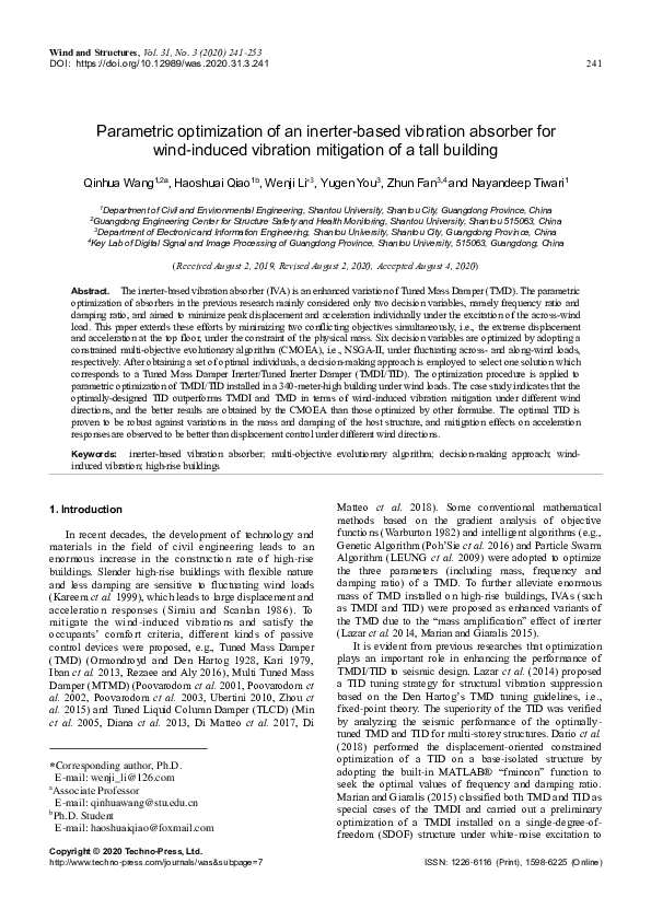 Pdf Parametric Optimization Of An Inerter Based Vibration Absorber For Wind Induced Vibration