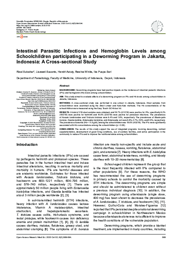 (PDF) Intestinal Parasitic Infections and Hemoglobin Levels among ...