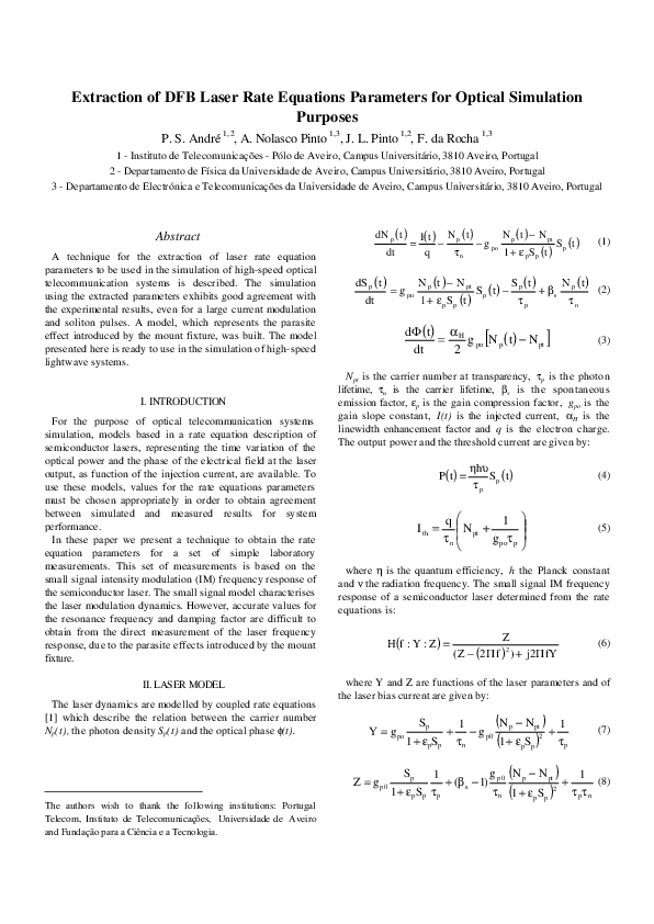 (PDF) Extraction of DFB Laser Rate Equations Parameters for Optical ...