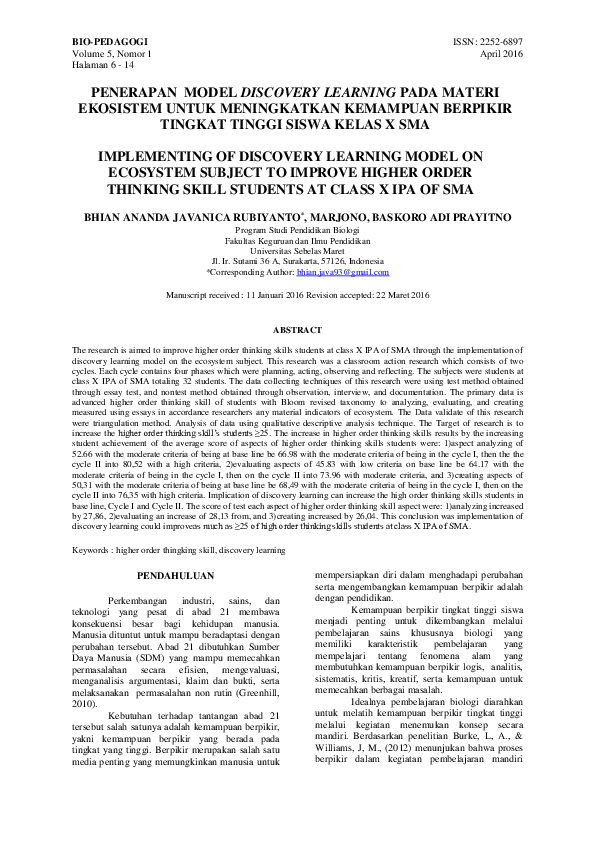 (PDF) Penerapan Model Discovery Learning Pada Materi Ekosistem Untuk ... (PDF) Penerapan Model Discovery Learning Pada Materi Ekosistem Untuk ...