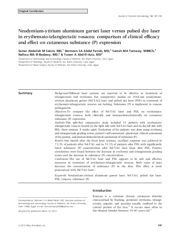 (PDF) Nd-YAG vs PDL Lasers in Treating Erythemato-Telangiectatic Rosacea