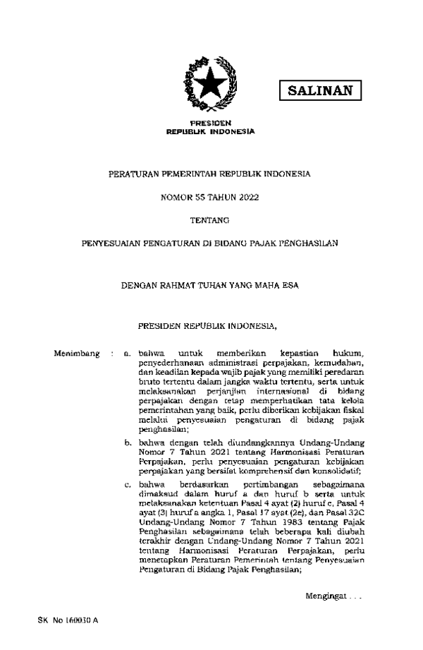 (PDF) PP NOMOR 55 TAHUN 2022 PENYESUAIAN PENGATURAN DI BIDANG PAJAK PENGHASILAN