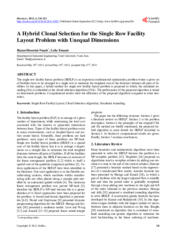 Pdf A Hybrid Clonal Selection For The Single Row Facility Layout Problem With Unequal
