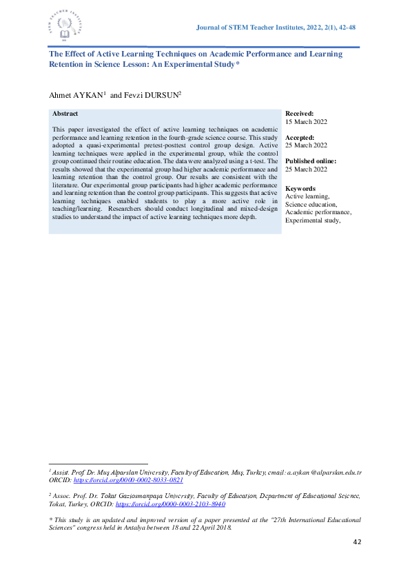 (PDF) The Effect of Active Learning Techniques on Academic Performance ...