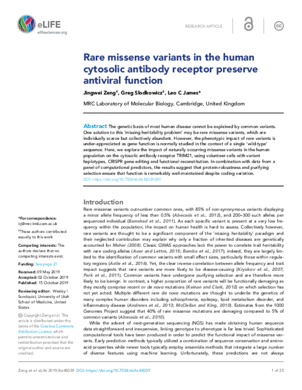 (PDF) Rare missense variants in the human cytosolic antibody receptor preserve antiviral function