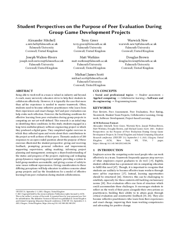(PDF) Student Perspectives on the Purpose of Peer Evaluation During ...