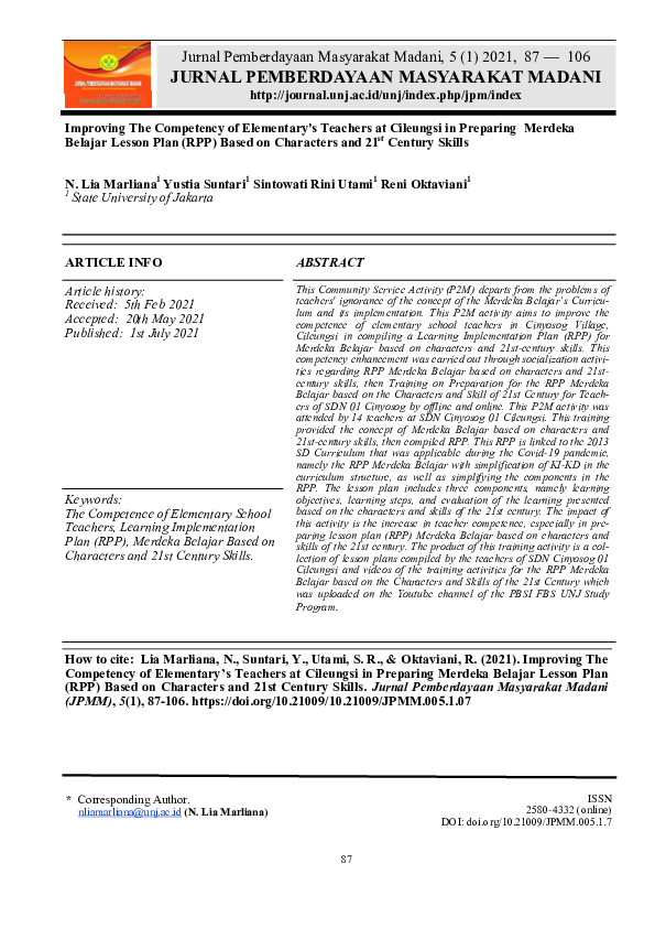 (PDF) Improving The Competency of Elementary's Teachers at Cileungsi in Preparing Merdeka ...