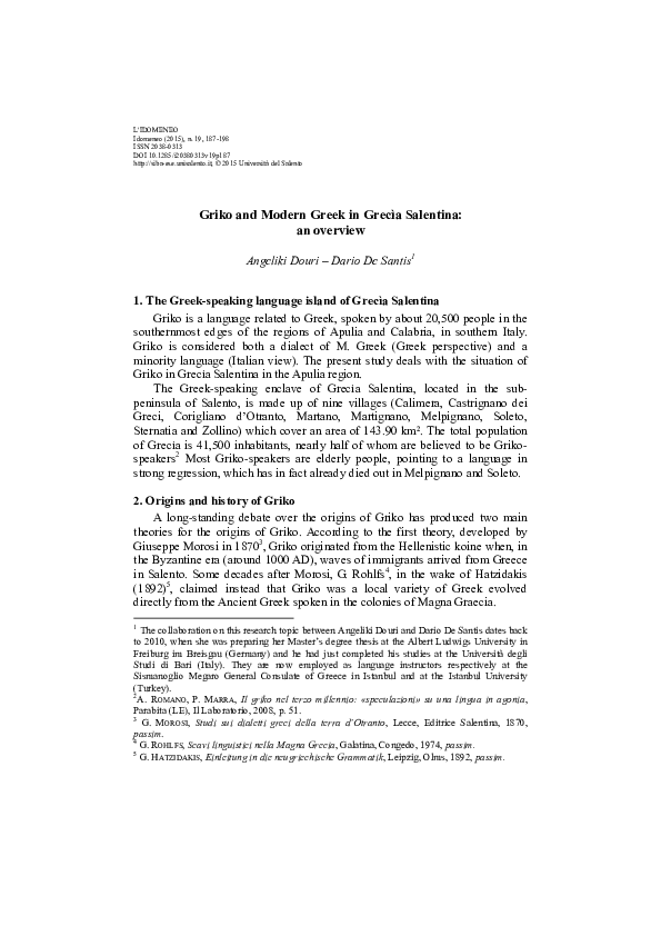 (PDF) Griko and Modern Greek in Grecia Salentina: an overview