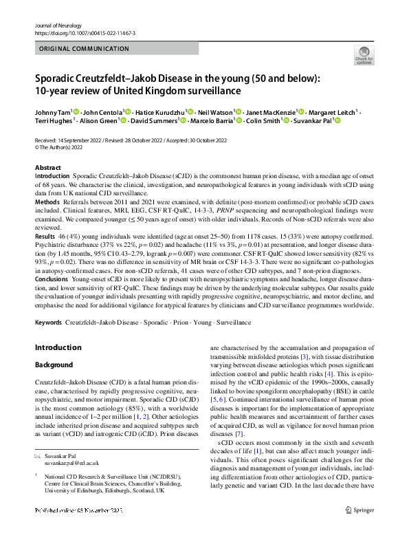 (PDF) Sporadic Creutzfeldt–Jakob Disease in the young (50 and below ...