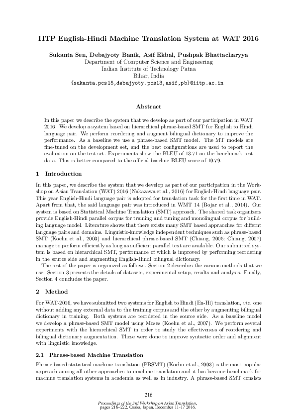 (PDF) IITP English-Hindi Machine Translation System at WAT 2016 ...