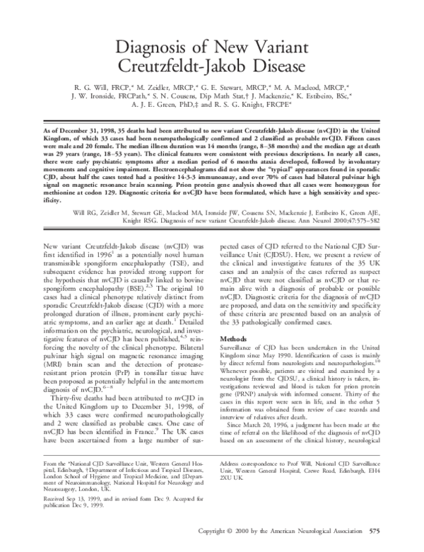 (PDF) Diagnosis of new variant Creutzfeldt-Jakob disease | Jan ...