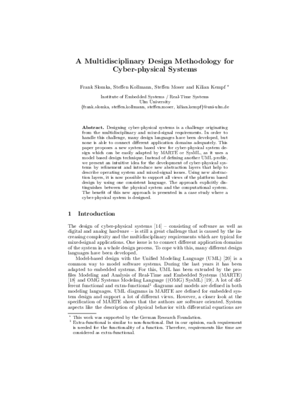 (PDF) A Multidisciplinary Design Methodology for Cyber-physical Systems
