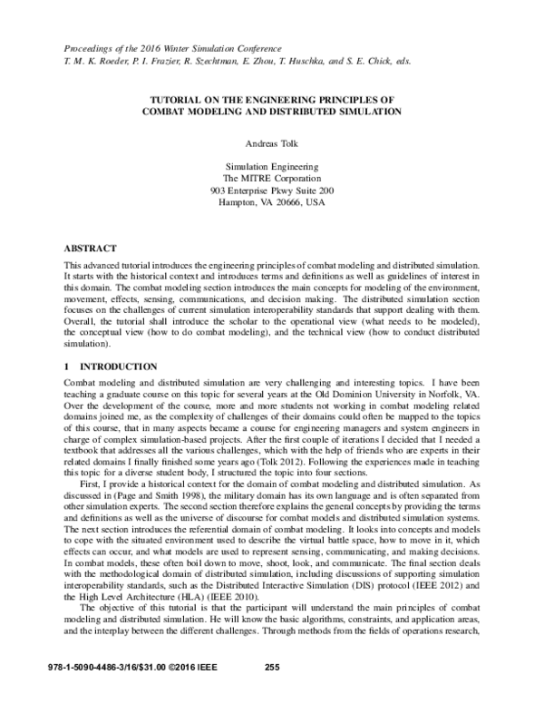 Pdf Tutorial On The Engineering Principles Of Combat Modeling And Distributed Simulation