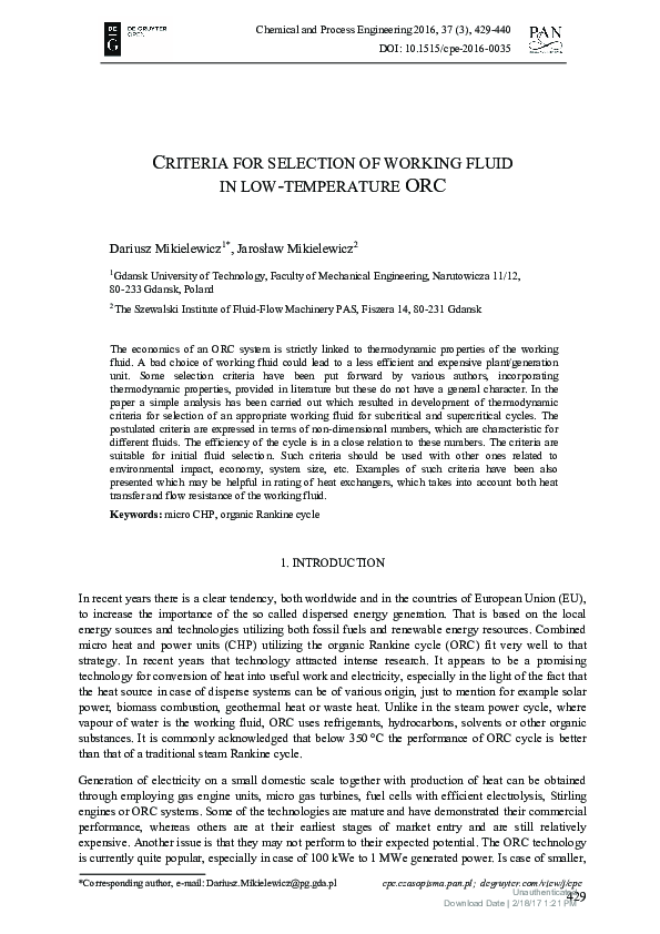 Pdf Criteria For Selection Of Working Fluid In Low Temperature Orc
