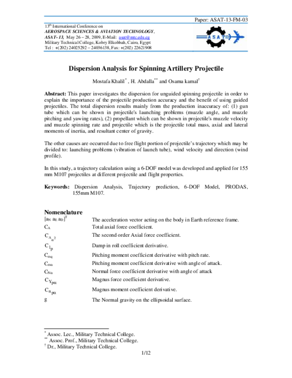 (PDF) Dispersion Analysis for Spinning Artillery Projectile
