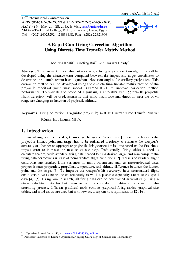 Pdf A Rapid Gun Firing Correction Algorithm Using Discrete Time Transfer Matrix Method