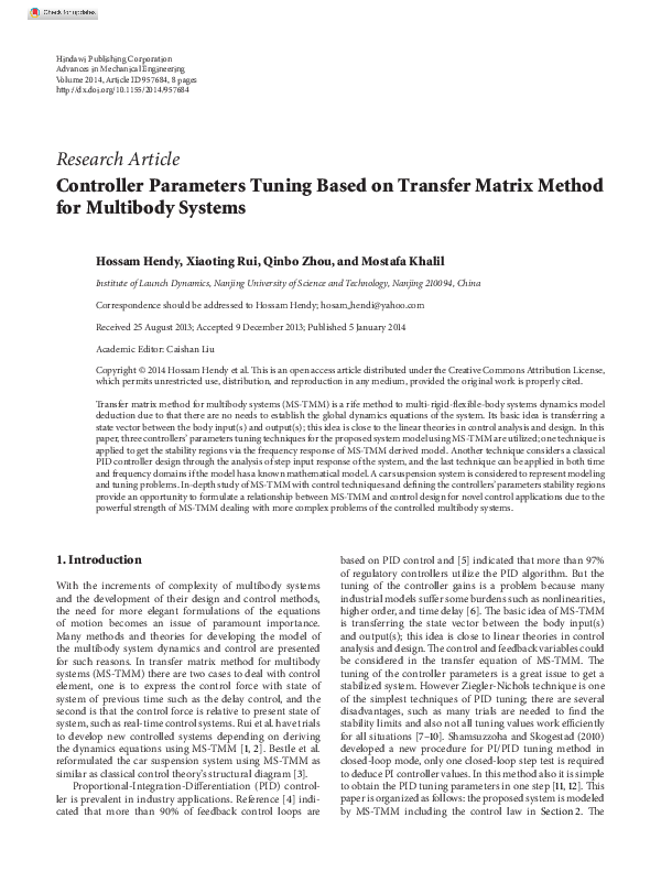 Pdf Controller Parameters Tuning Based On Transfer Matrix Method For