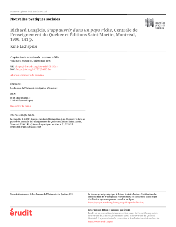 (PDF) Richard Langlois, S’appauvrir dans un pays riche, Centrale de l ...
