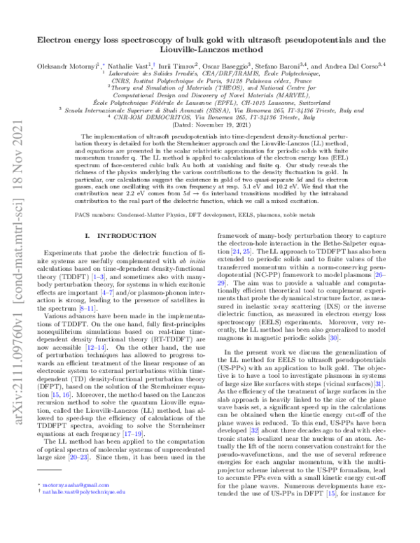 (PDF) Electron energy loss spectroscopy of bulk gold with ultrasoft pseudopotentials and the ...