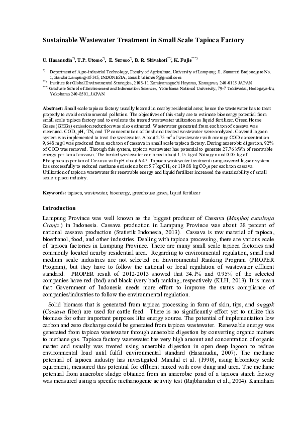 (PDF) Sustainable Wastewater Treatment in Small Scale Tapioca Factory