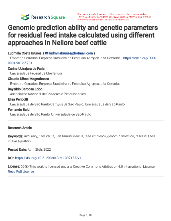 Pdf Genomic Prediction Ability And Genetic Parameters For Residual Feed Intake Calculated