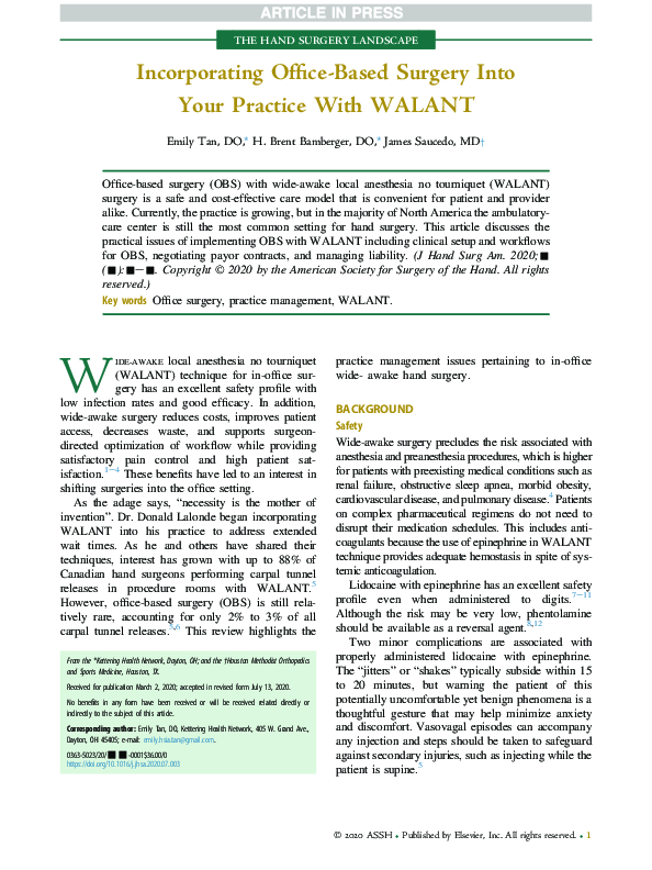 (PDF) Office-Based Surgery with WALANT Implementation