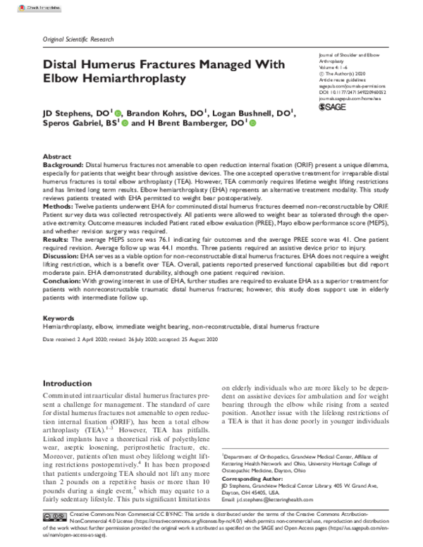 (PDF) Distal Humerus Fractures Managed With Elbow Hemiarthroplasty