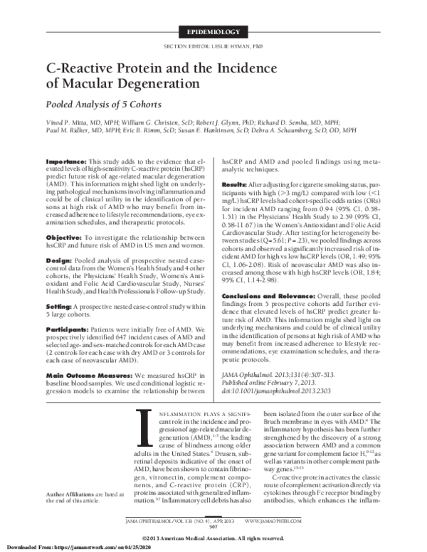 (PDF) C-reactive protein and the incidence of macular degeneration ...