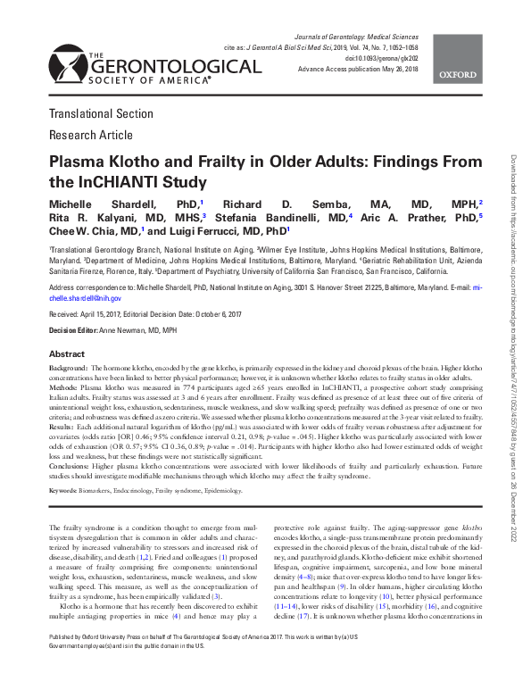 (PDF) Plasma klotho and frailty in older adults: Findings from the ...