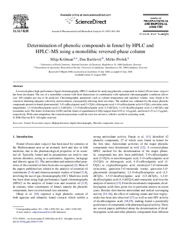 (PDF) Determination of phenolic compounds in fennel by HPLC and HPLC–MS using a monolithic ...