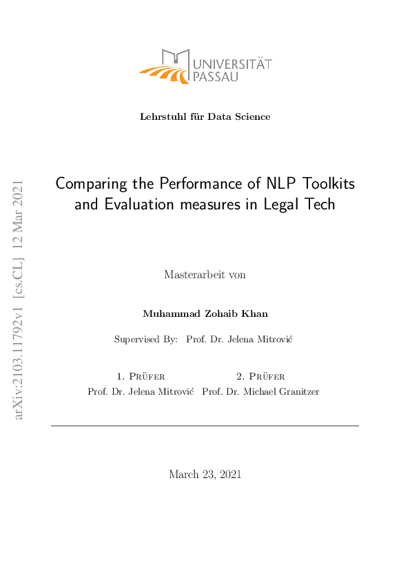 (PDF) Comparing the Performance of NLP Toolkits and Evaluation measures in Legal Tech