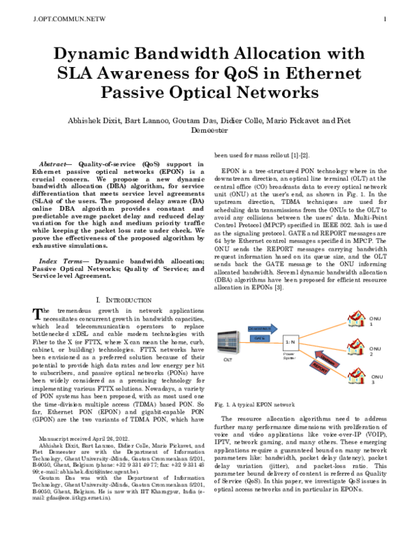Pdf Dynamic Bandwidth Allocation With Sla Awareness For Qos In Ethernet Passive Optical