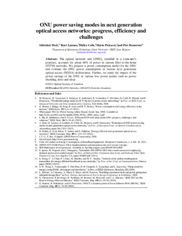 (PDF) ONU power saving modes in next generation optical access networks: progress, efficiency ...